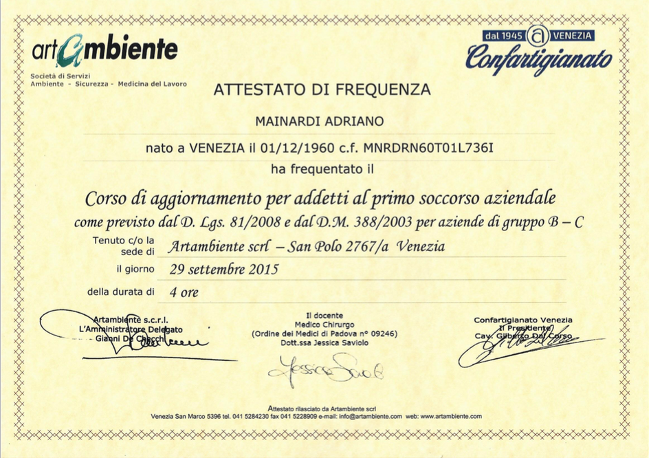 Attestato-addetto-primo-soccorso-Adriano - Metallurgica Mainardi Venezia